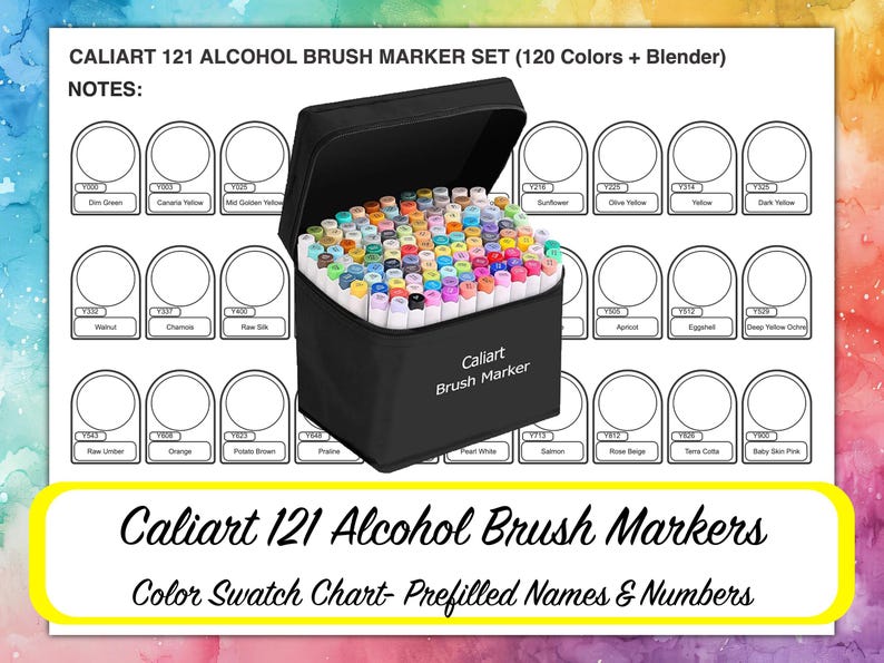 Caliart 121 Color Alcohol Brush Marker Set Swatch Chart Prefilled ...