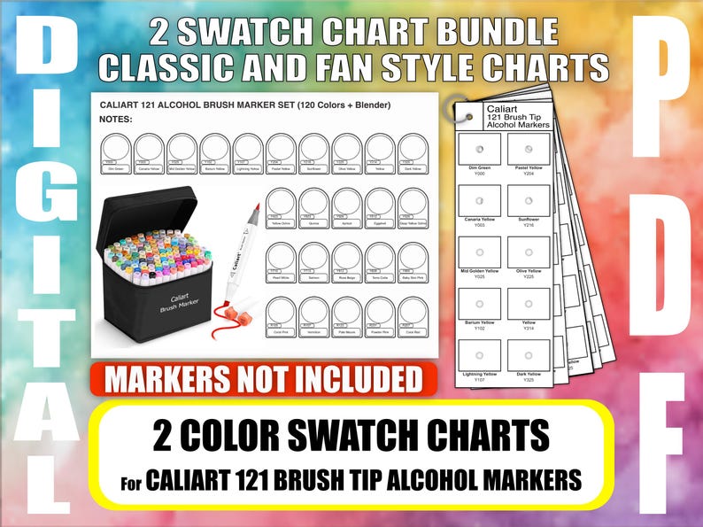 Color Chart Bundle for Caliart 121 Color Alcohol Brush Marker Set Fan ...