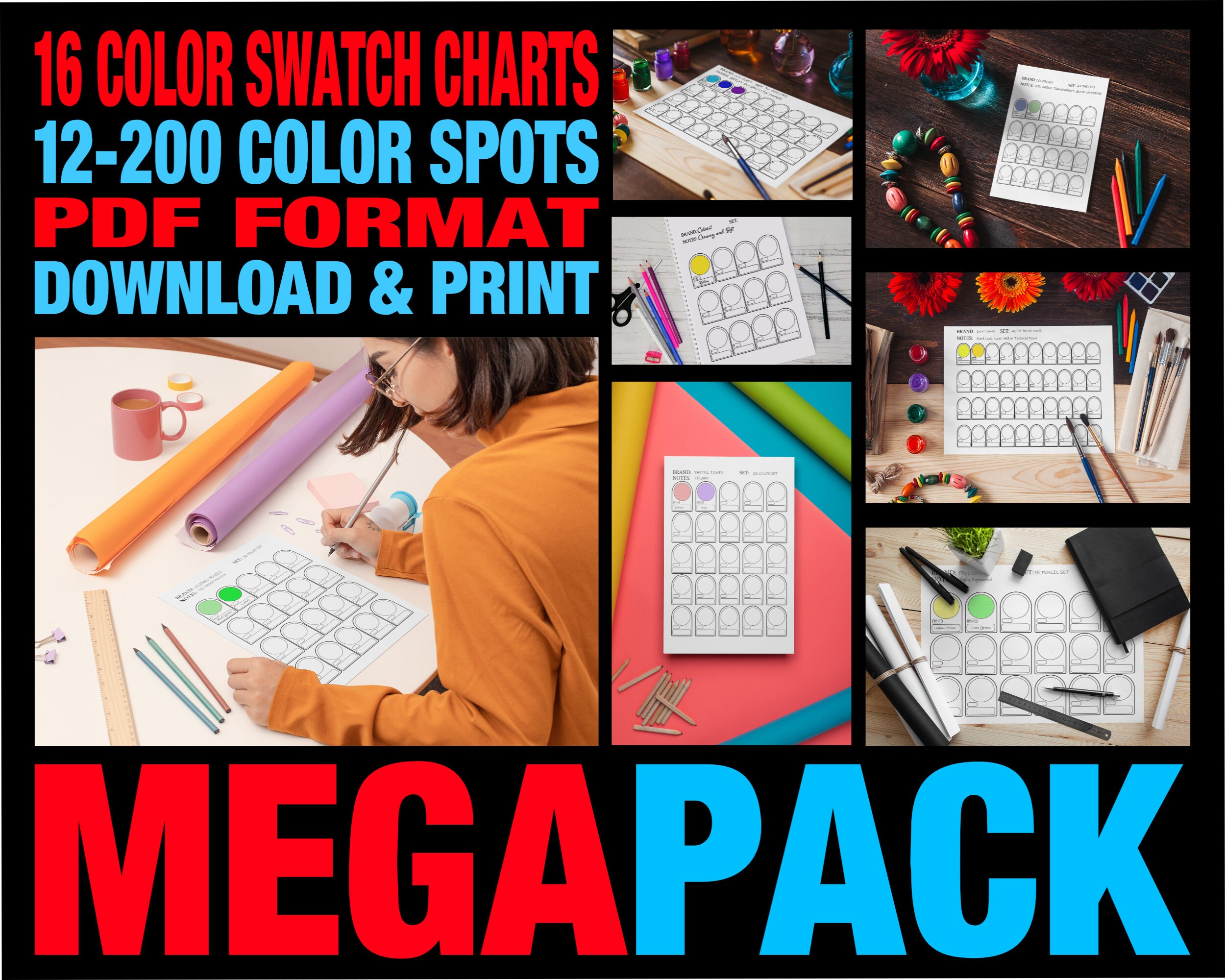 16 Printable Color Swatch Chart Mega Pack DIY Generic Colored Pencils ...