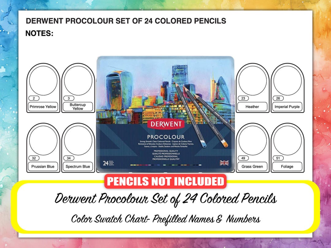 DERWENT PROCOLOUR 24 Colored Pencils Color Chart- Prefilled Swatch ...