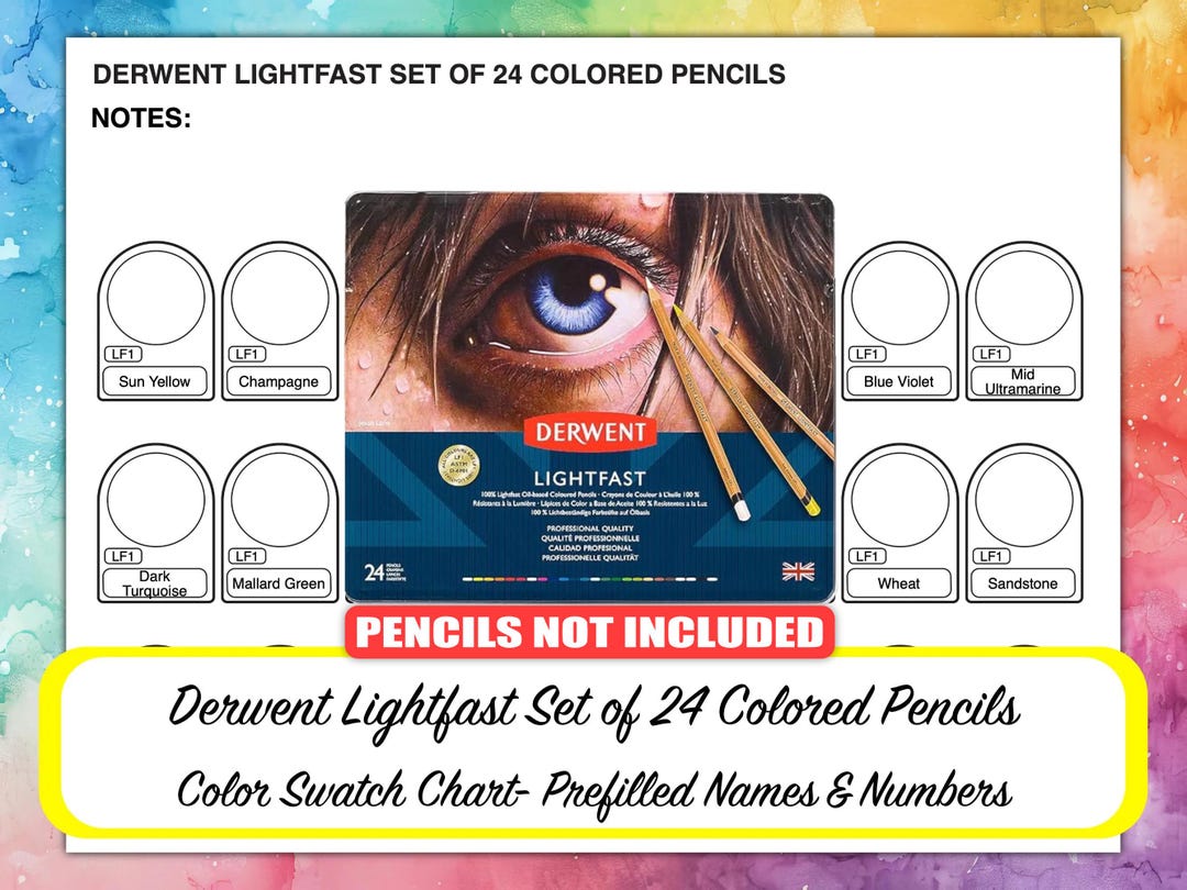 DERWENT LIGHTFAST 24 Colored Pencils Color Swatch Chart- Prefilled ...