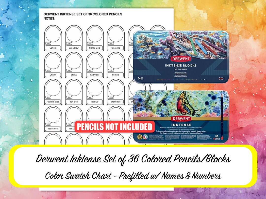 Derwent Inktense 36 Colored Pencils or Blocks Color Chart- Prefilled ...