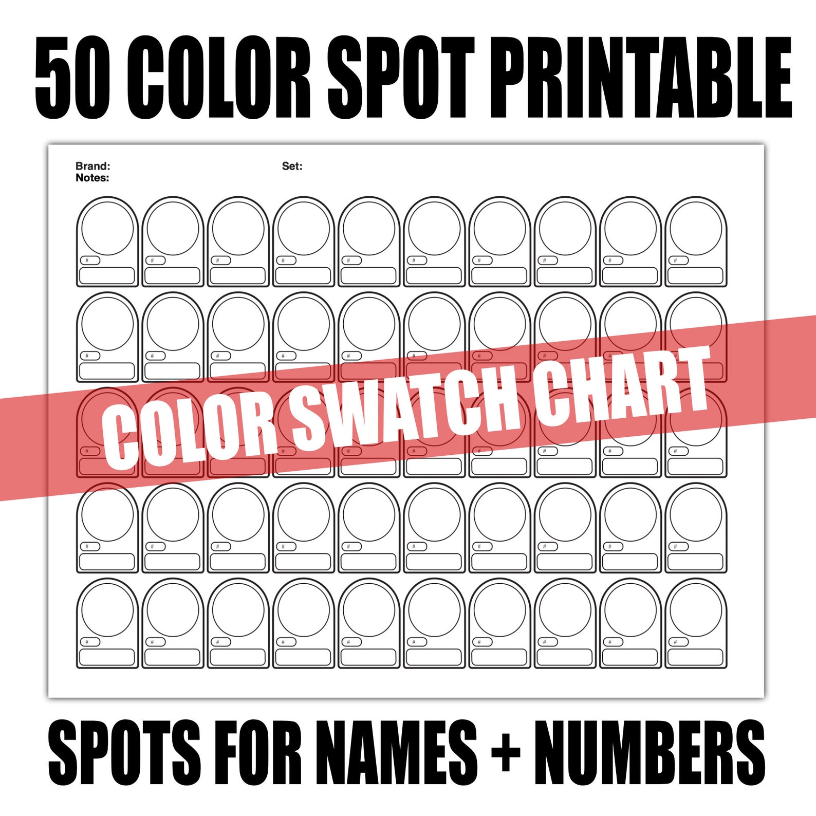 50 Color Printable Swatch Chart Generic DIY Artist Reference Resource ...