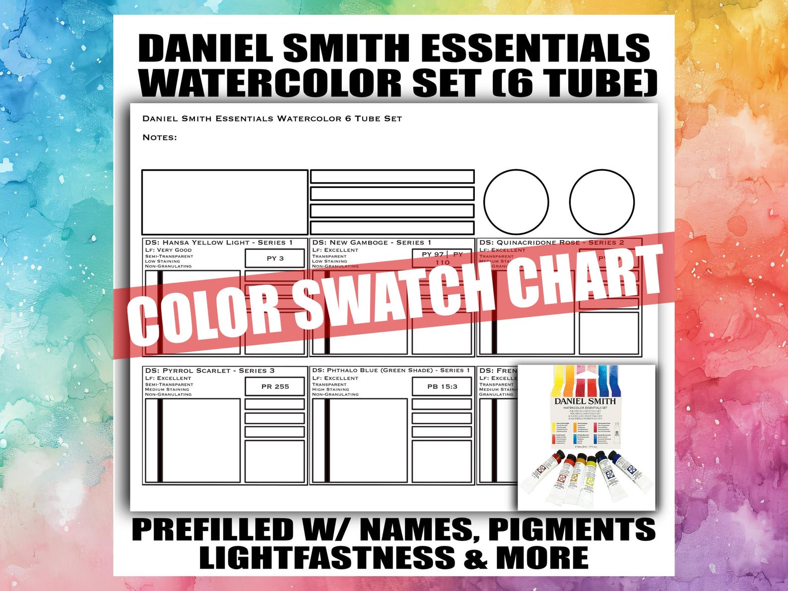 DANIEL SMITH Watercolor Essentials Set Color Swatch Chart- Prefilled ...