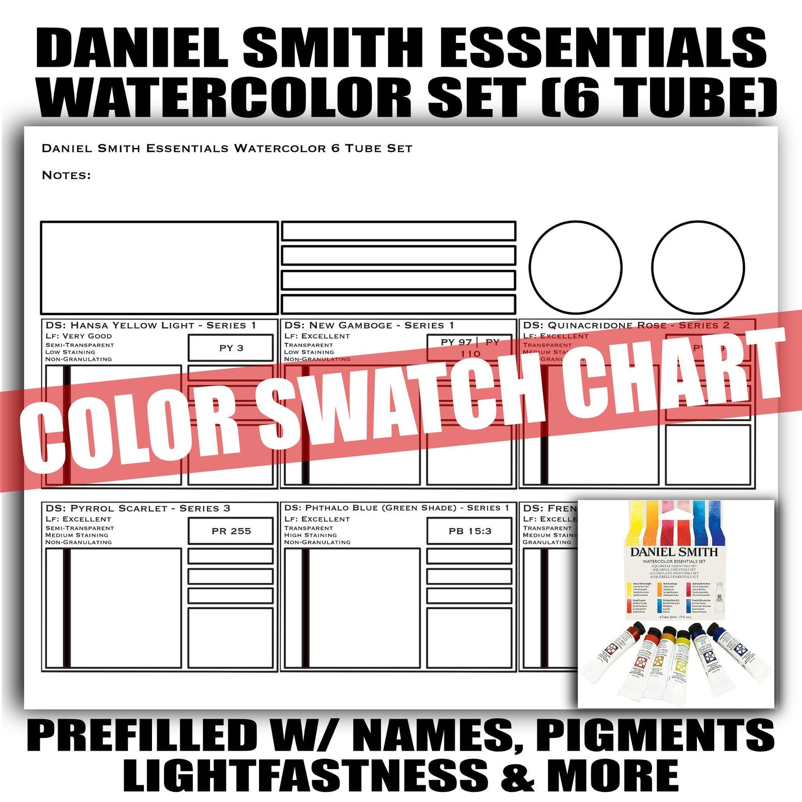 DANIEL SMITH Watercolor Essentials Set Color Swatch Chart- Prefilled ...