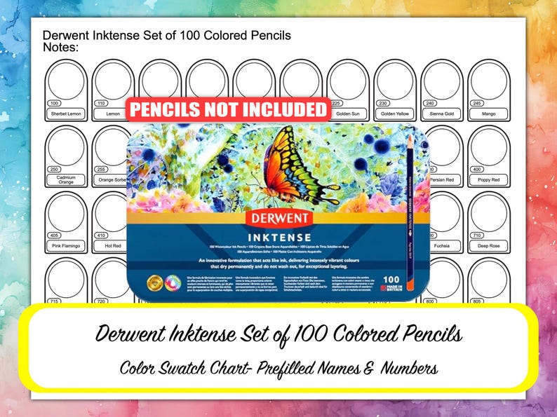 Derwent Inktense 100 Colored Pencils Color Swatch Chart- Prefilled ...