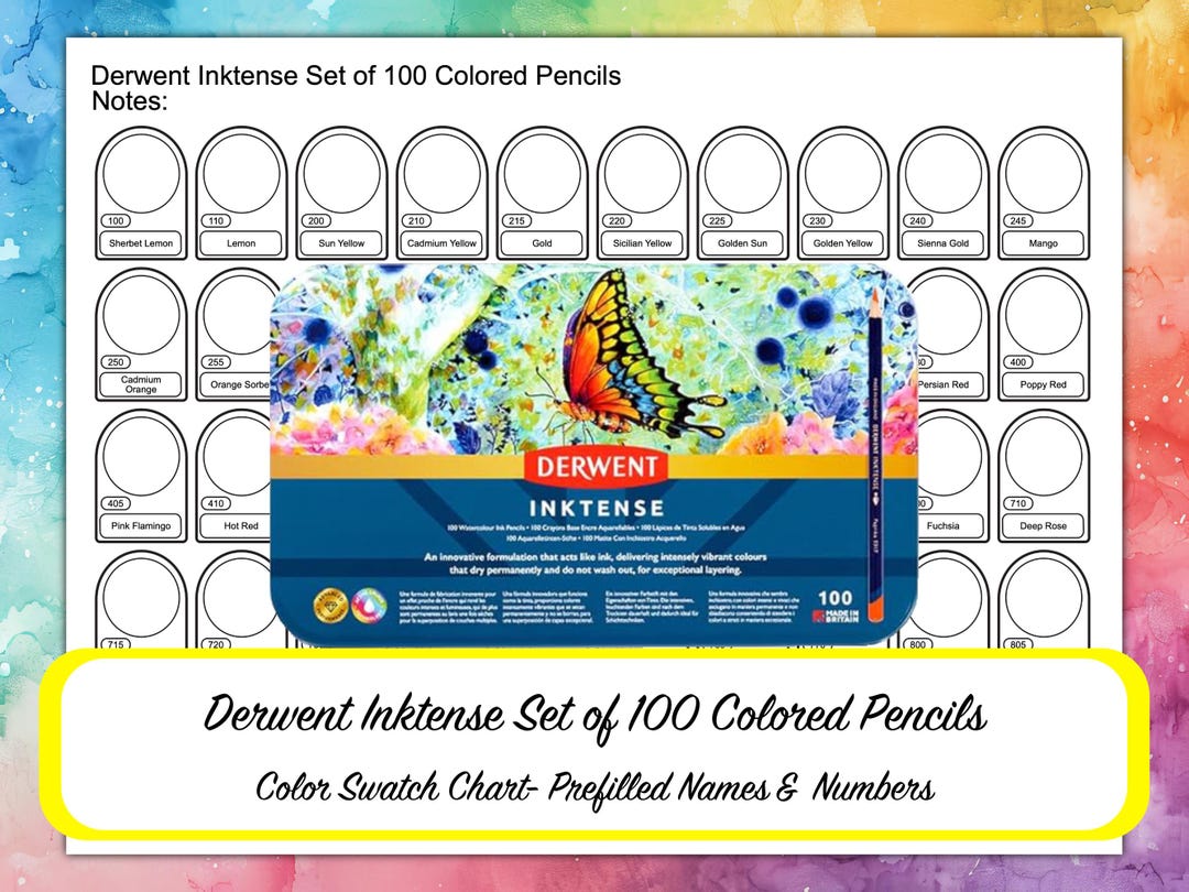 Derwent Inktense 100 Colored Pencils Color Swatch Chart Prefilled ...