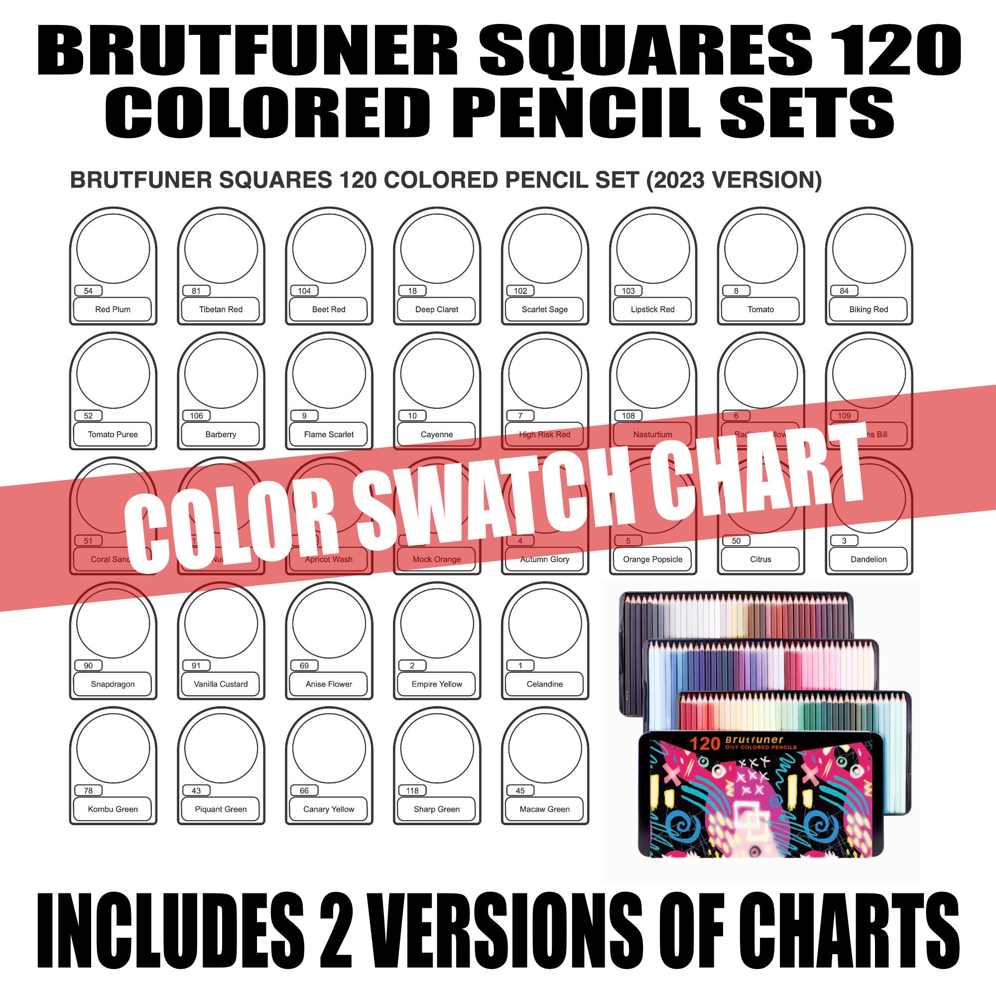 120 Brutfuner Squares Oily Colored Pencils Color Swatch Chart Prefilled ...