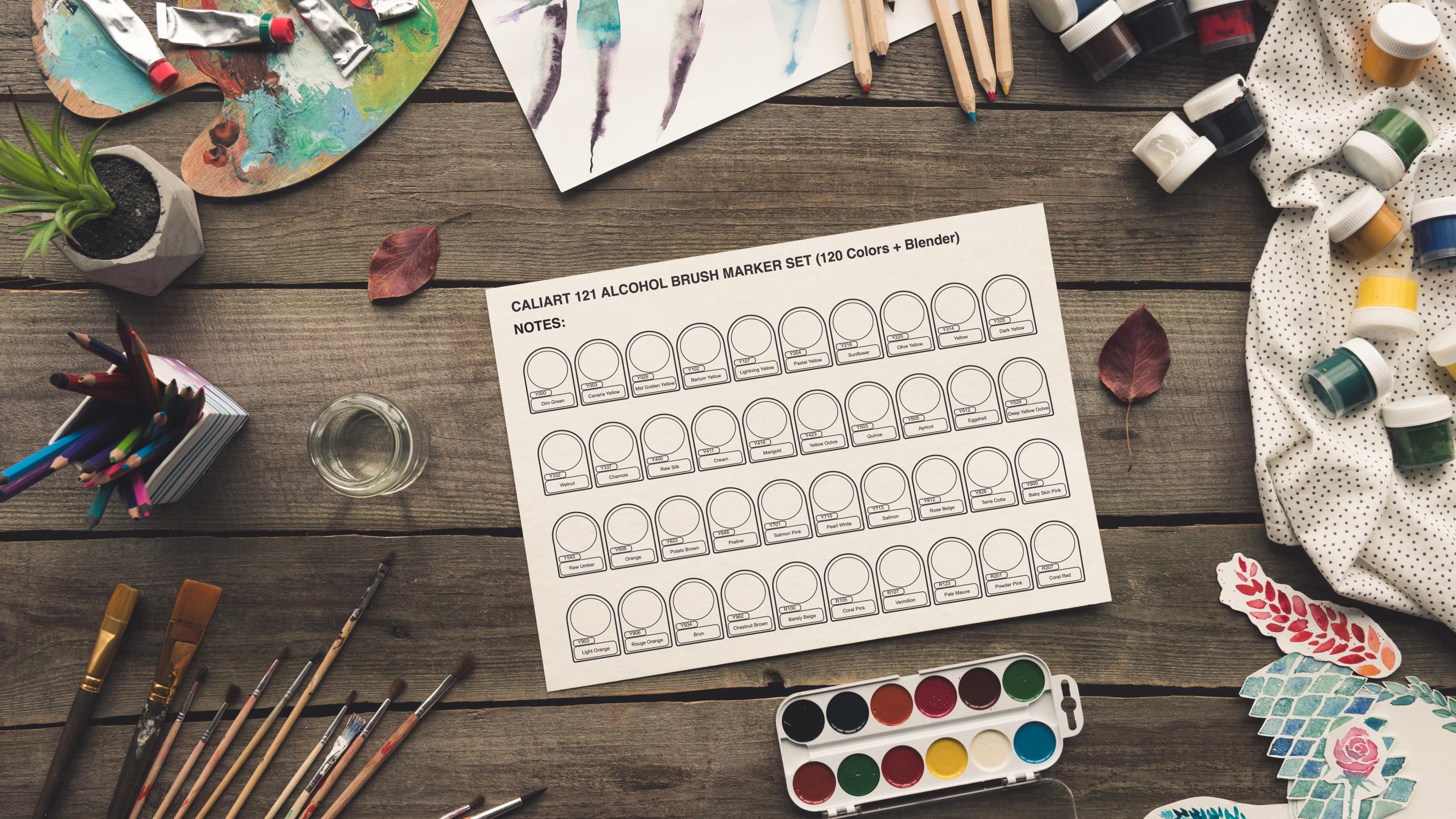 CALIART 121 Color Alcohol Brush Marker Set Swatch Chart- Prefilled ...