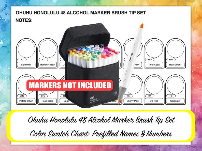 OHUHU HONOLULU 48 Color Alcohol Marker Swatch Chart for Brush Tip Sets ...