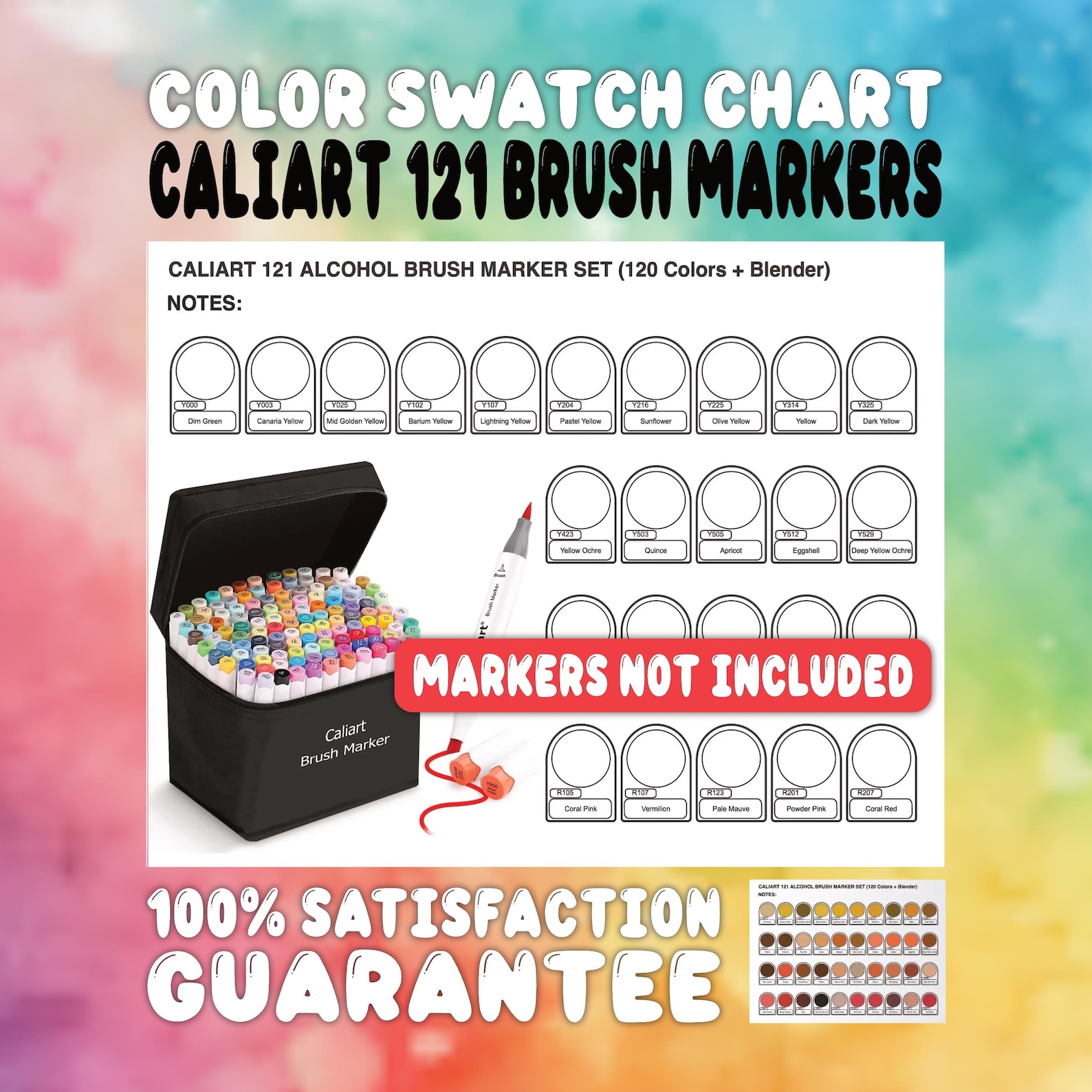 CALIART 121 Color Alcohol Brush Marker Set Swatch Chart- Prefilled ...