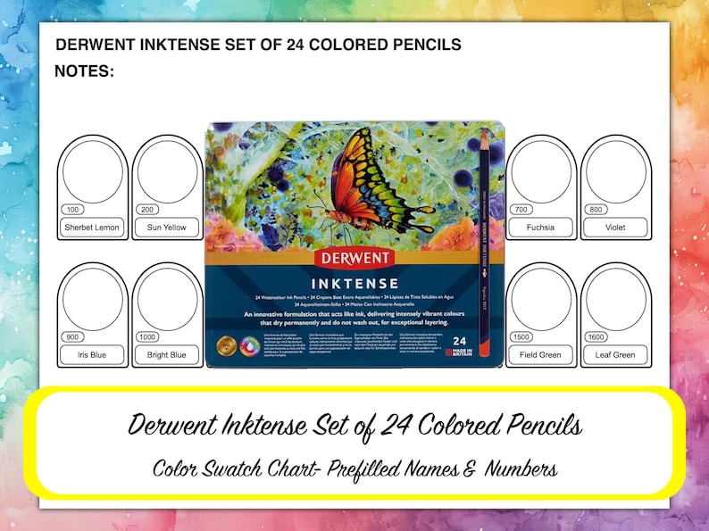 Derwent Inktense 24 Colored Pencils Color Chart Prefilled Swatch ...