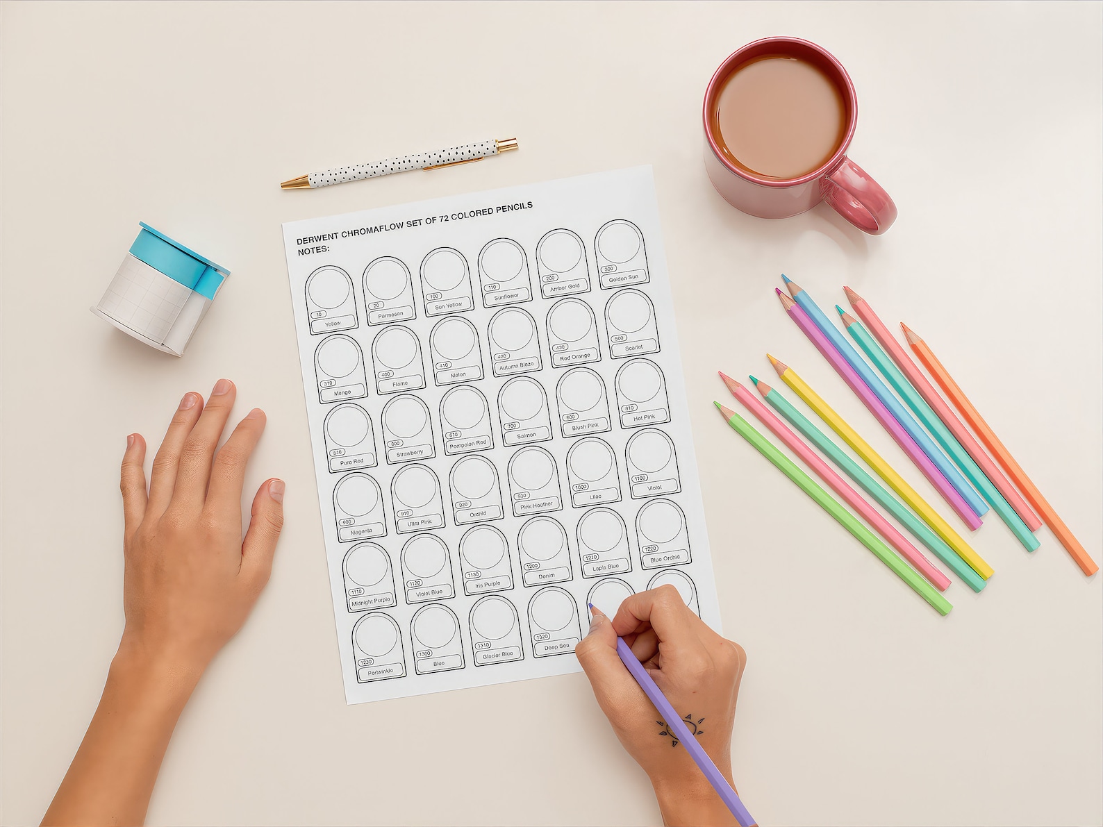 Derwent Chromaflow 72 Colored Pencils Color Chart Prefilled Swatch ...