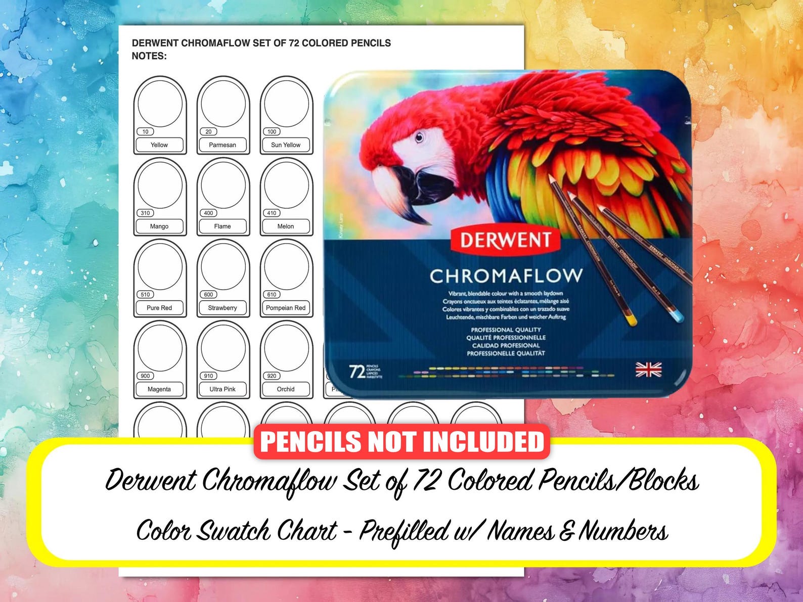 Derwent Chromaflow 72 Colored Pencils Color Chart- Prefilled Swatch ...