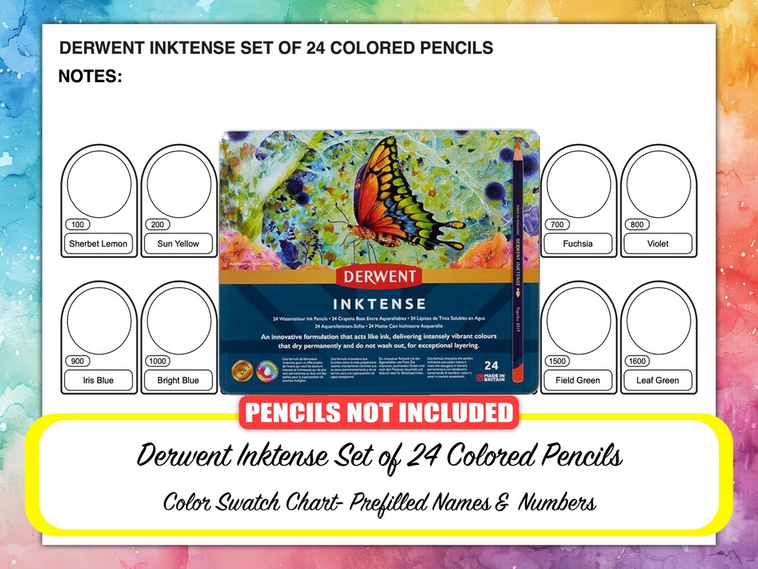 DERWENT INKTENSE 24 Colored Pencils Color Chart- Prefilled Swatch ...