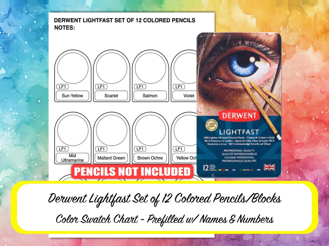 Derwent Lightfast Color Swatch Chart- 12 Colored Pencils Set-prefilled ...