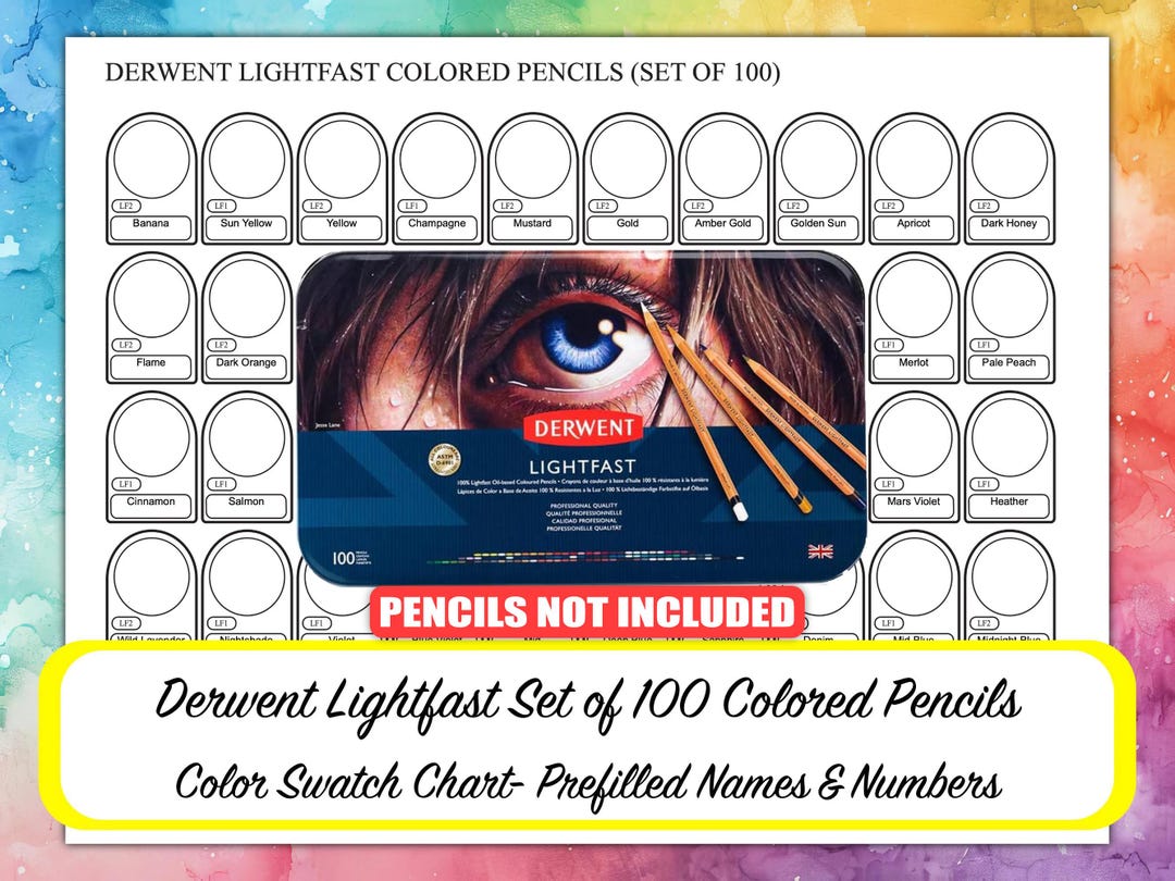 Derwent Lightfast 100 Colored Pencils Color Swatch Chart- Prefilled ...