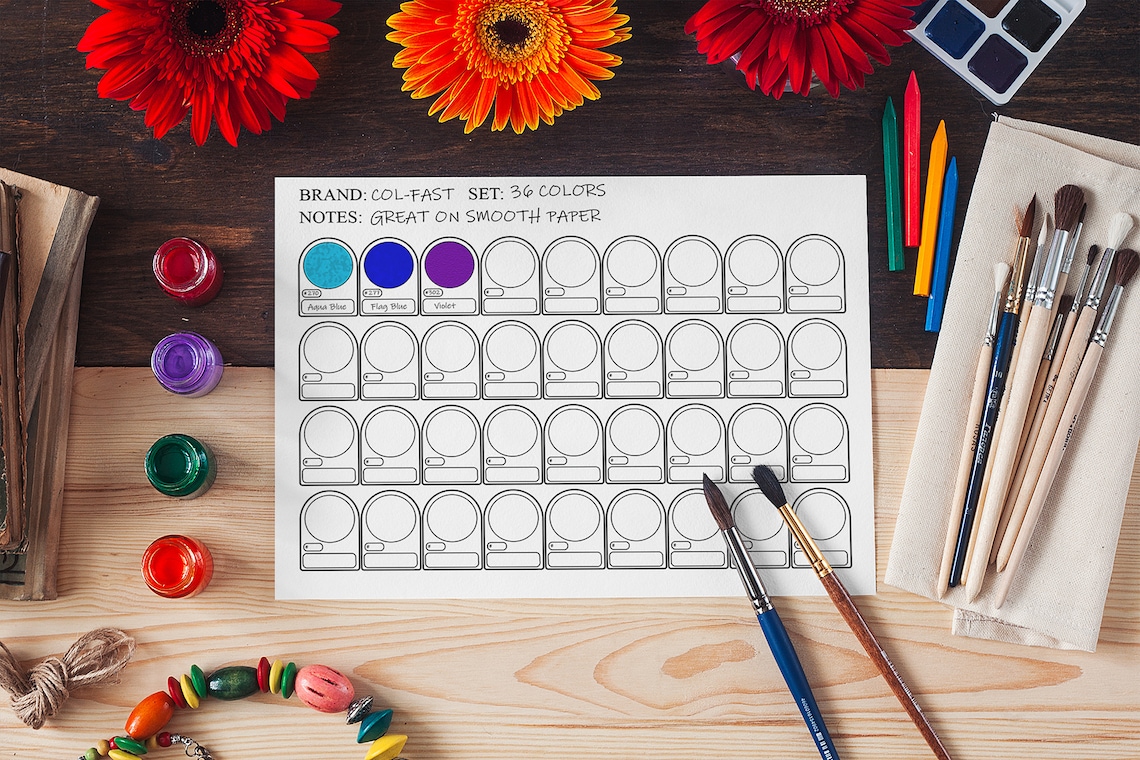 36 Color Printable Swatch Chart Generic DIY Artist Reference Colored ...
