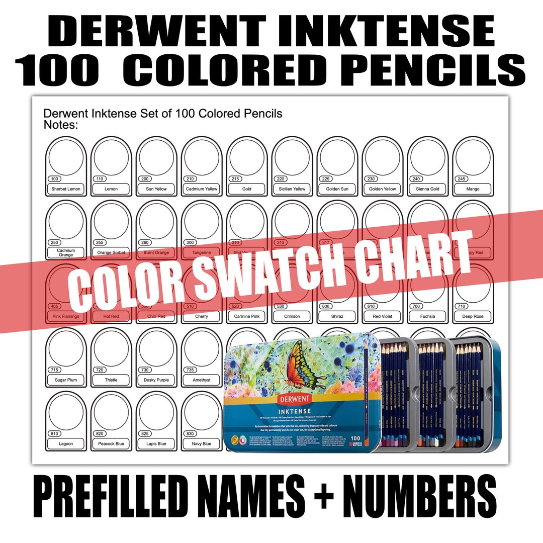 Derwent Inktense 100 Colored Pencils Color Swatch Chart Prefilled ...
