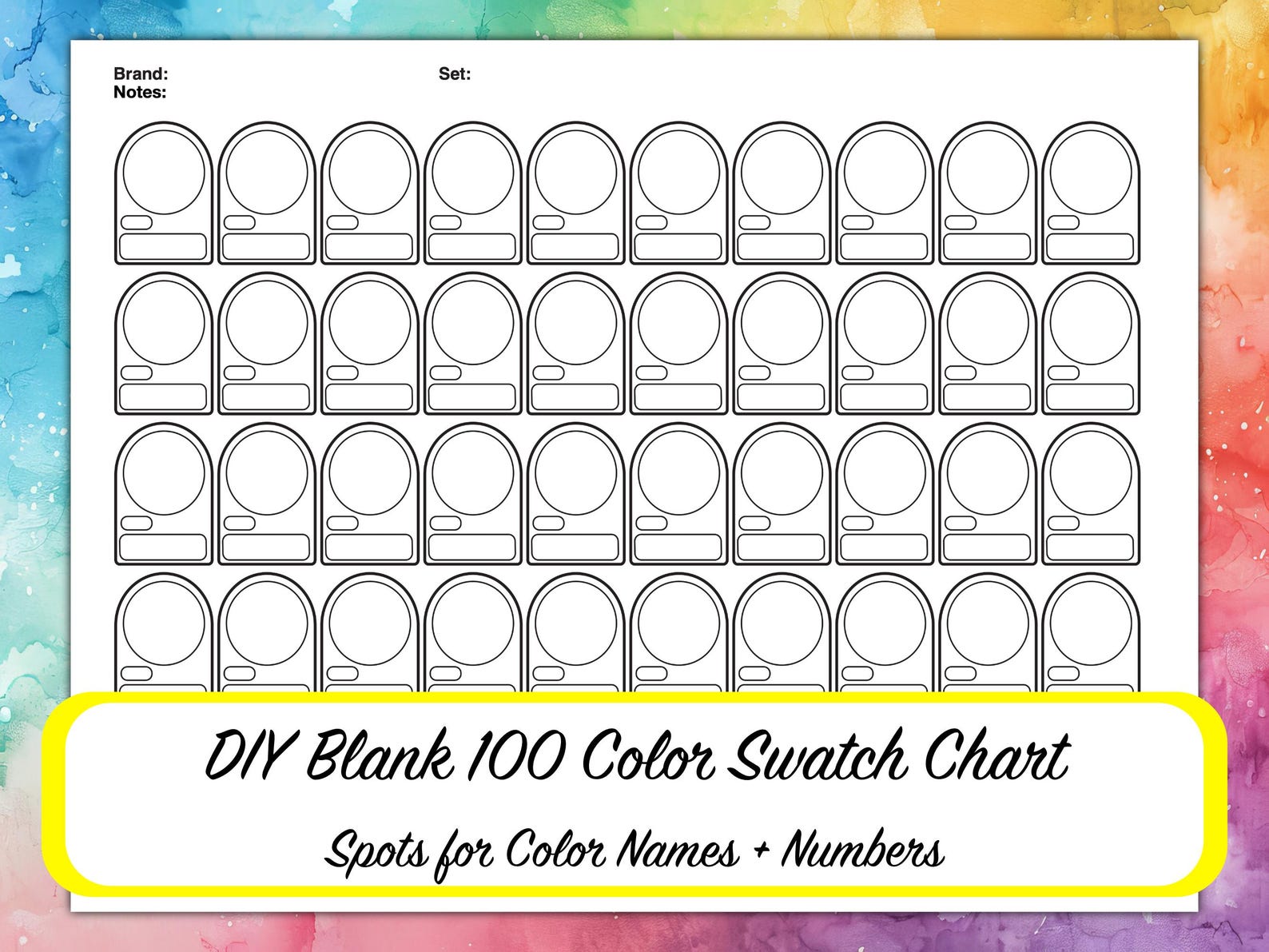 100 Color Printable Swatch Chart- Generic - DIY- Artist Reference ...