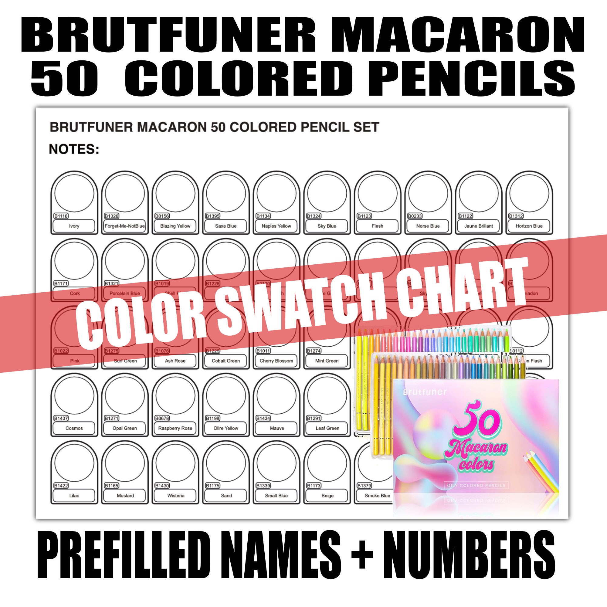 50 Brutfuner Macaron Pastel Colored Pencils Color Swatch Chart ...