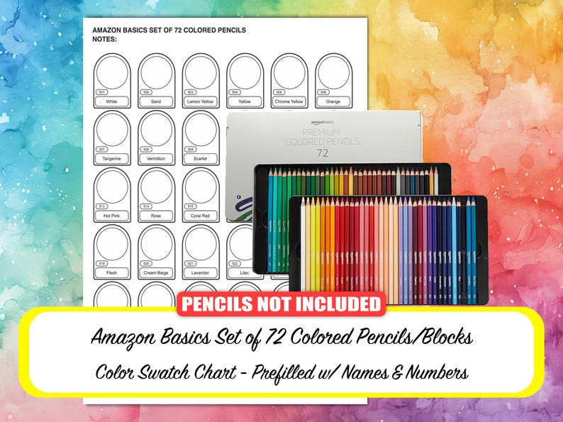 AMAZON BASICS 72 Colored Pencils Color Swatch Chart- Prefilled ...