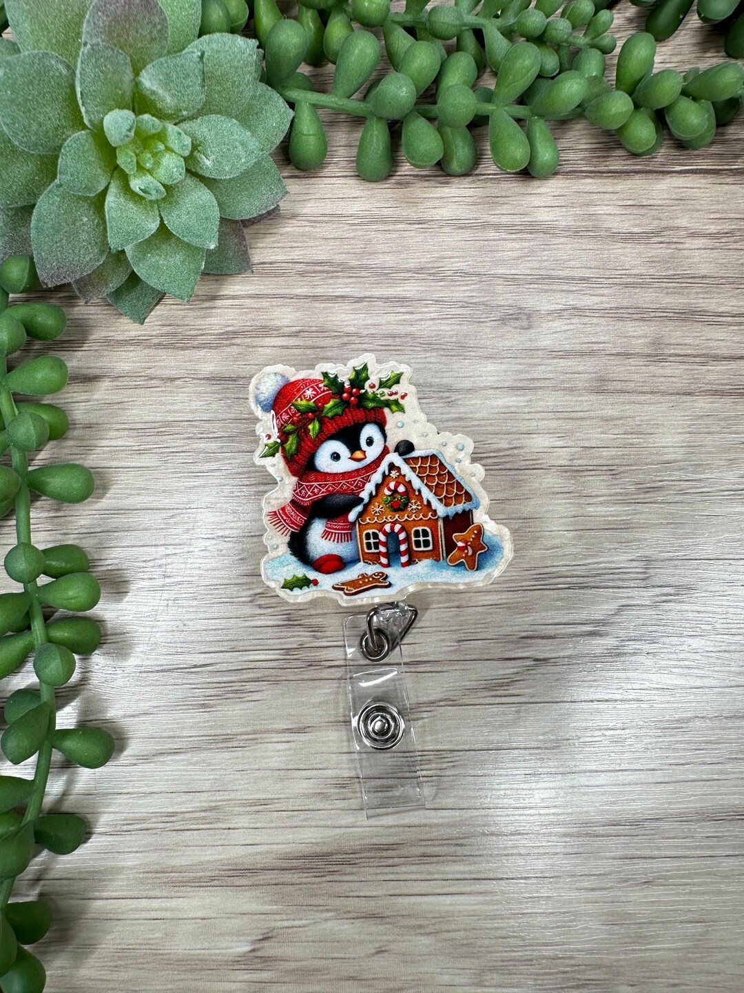 Penguin Decorating a Gingerbread House Badge Reel - Etsy