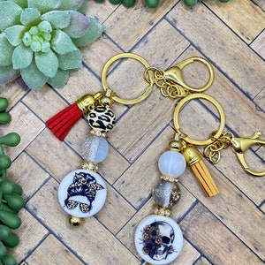 Skull and Messy Bun Beaded Bar Keychain - Etsy