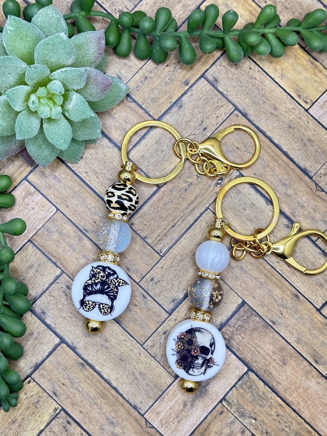 Skull and Messy Bun Beaded Bar Keychain - Etsy