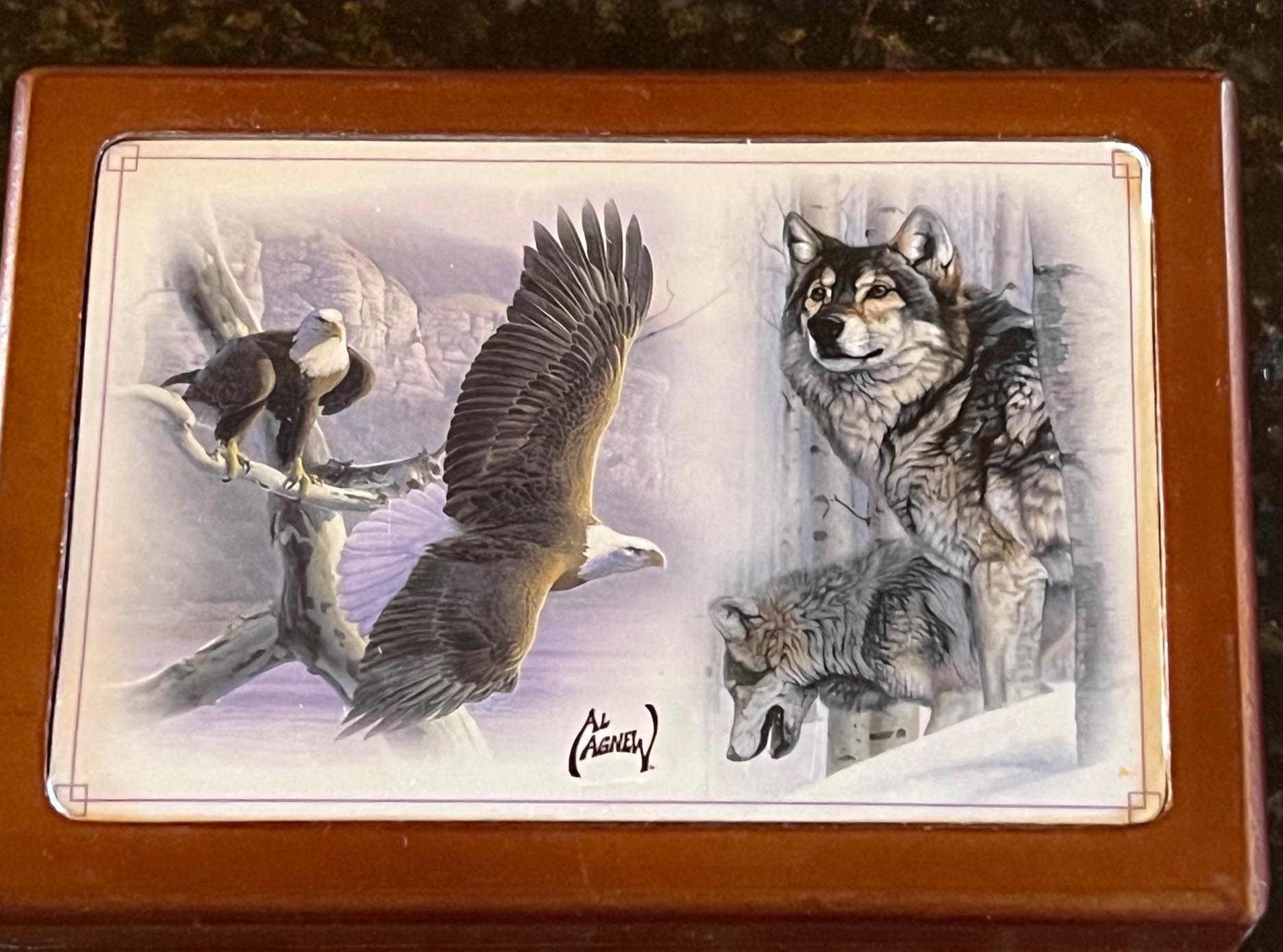 Al Agnew Wooden Players Box With Two Decks of Cards Eagle and Wolf RARE ...