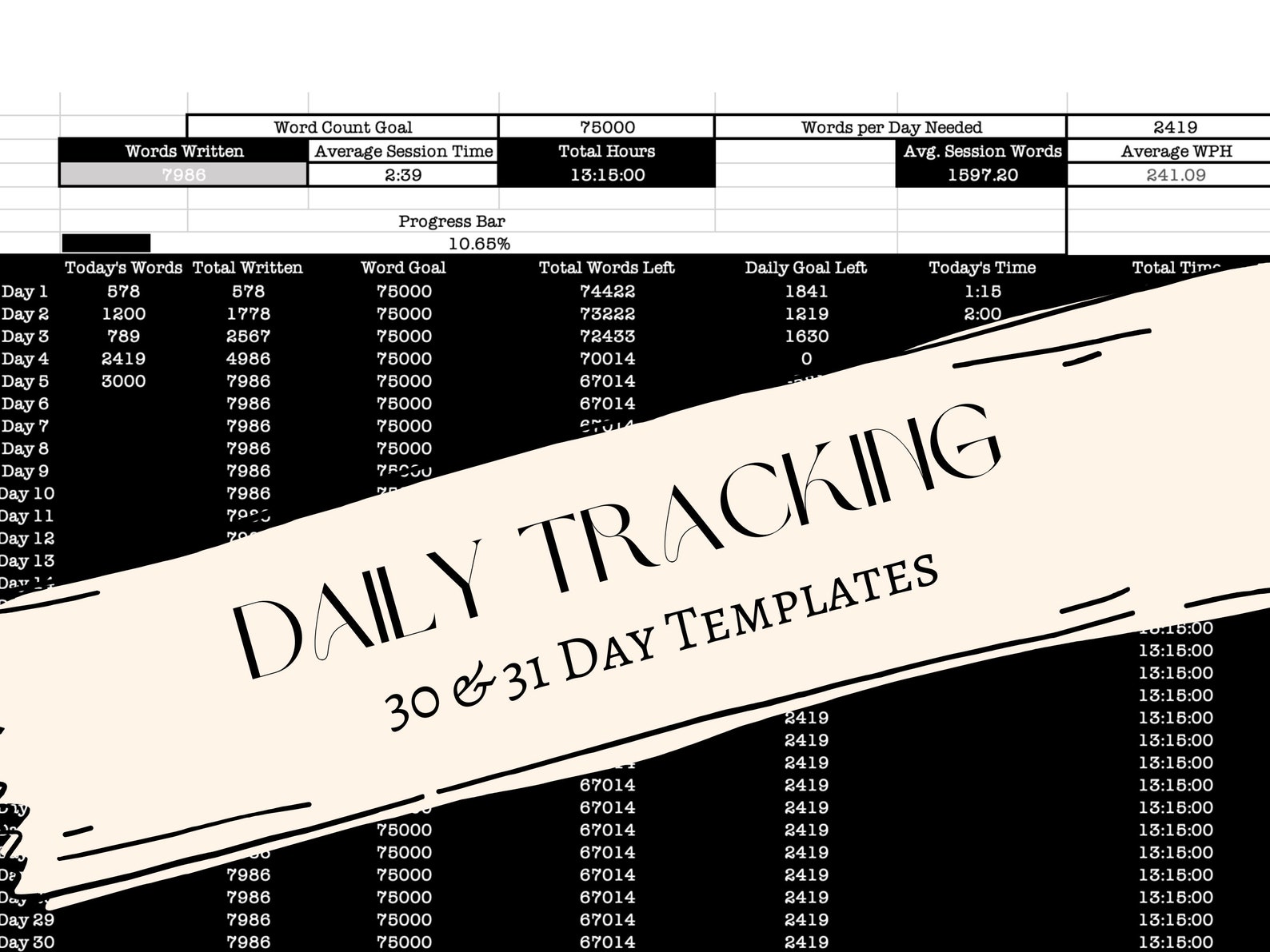 Black & White Word Count Tracker Track Novels Word Count and Hours ...