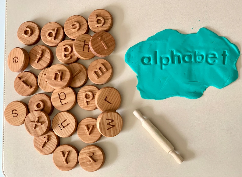 Lowercase Alphabet Play Dough Stamps, Cherry Wood Play Stamp Set ...