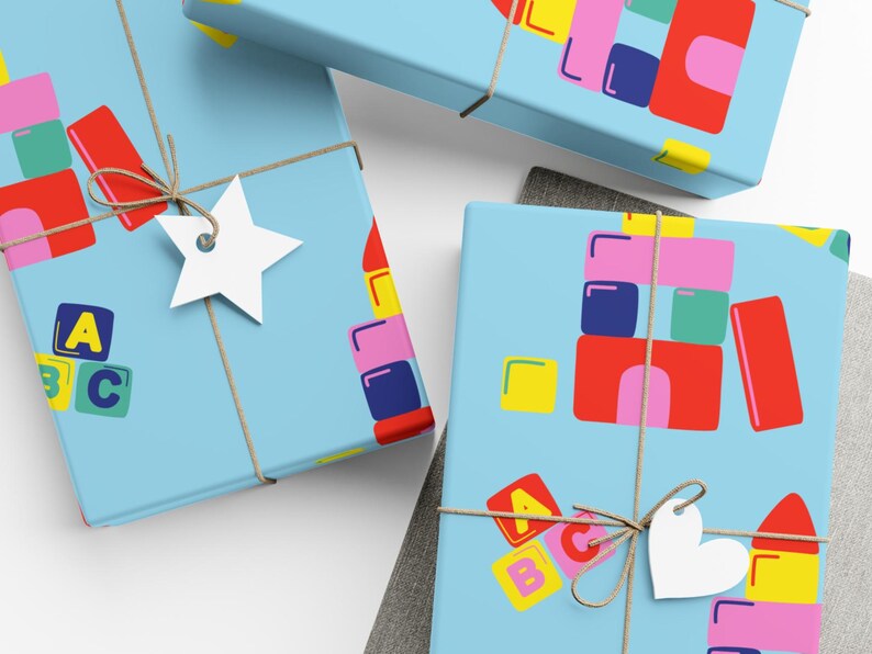 Kids Birthday Wrapping Paper - Building Blocks Gift Wrap for Birthdays ...