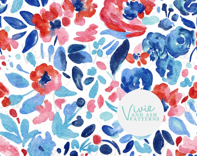 Red White and Blue Watercolor Floral Seamless Repeating Pattern, USA ...