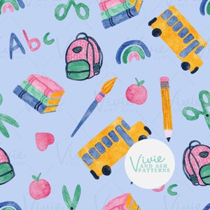 Blue Back to School Seamless Pattern, School Bus, Books Repeating ...