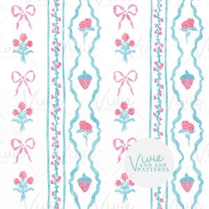 Strawberry Floral Stripe Seamless Repeating Pattern, Bow and Strawberry ...
