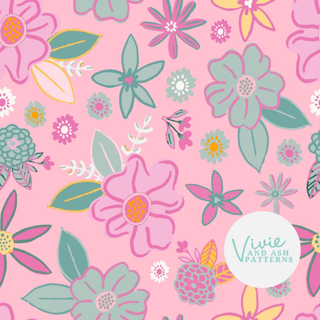 Pink and Green Hand Drawn Tropical Floral Seamless Repeating Pattern ...