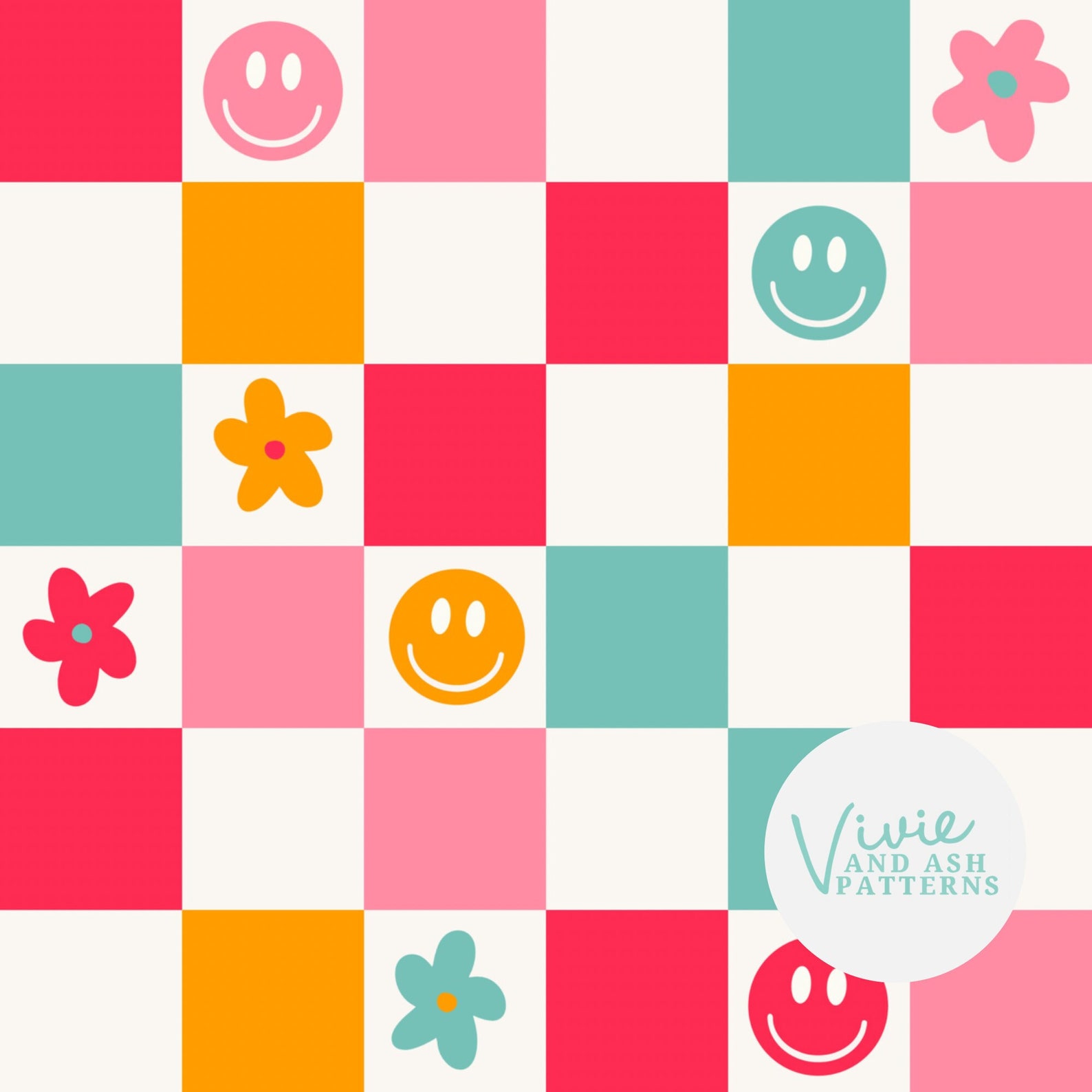 Colorful Checker Smiley Face Seamless File, Summer Daisy Smiley Repeat ...