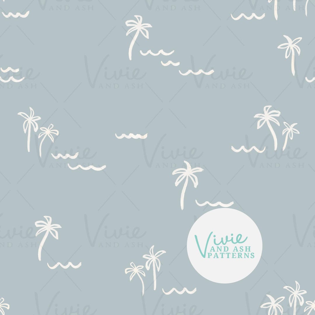 Hand Drawn Palm Tree Seamless Pattern, Blue Gray, Summer Seamless ...