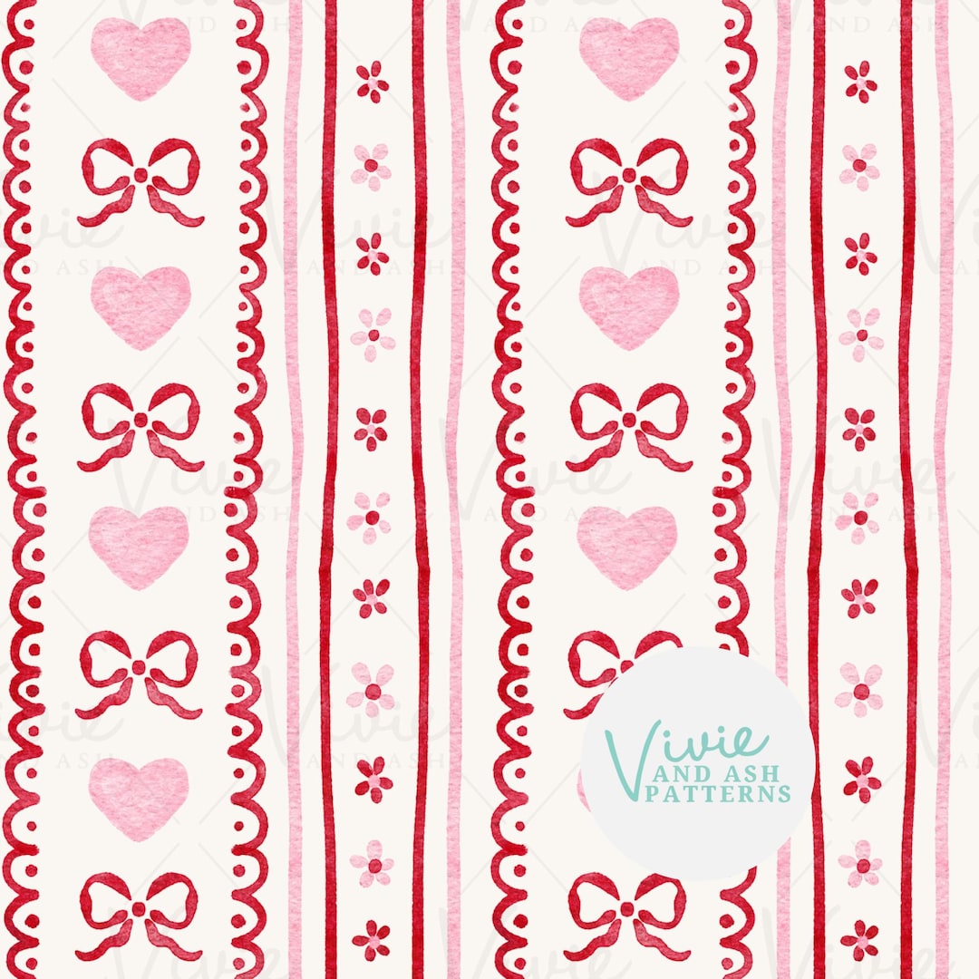 Watercolor Valentine Bow Heart Stripes Seamless Repeating Pattern File ...