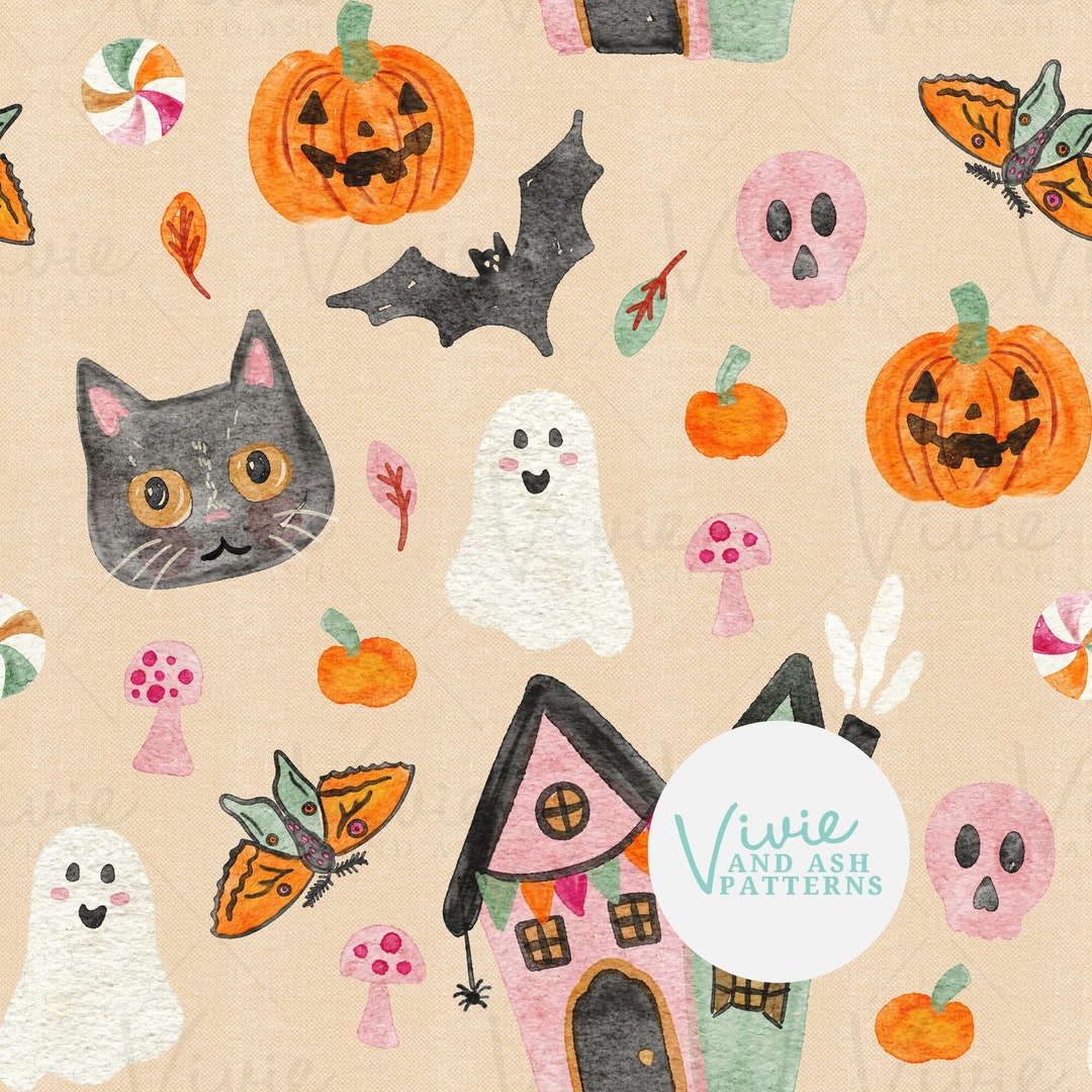Halloween Seamless Pattern, Cute Ghost, Haunted House Seamless, Black ...