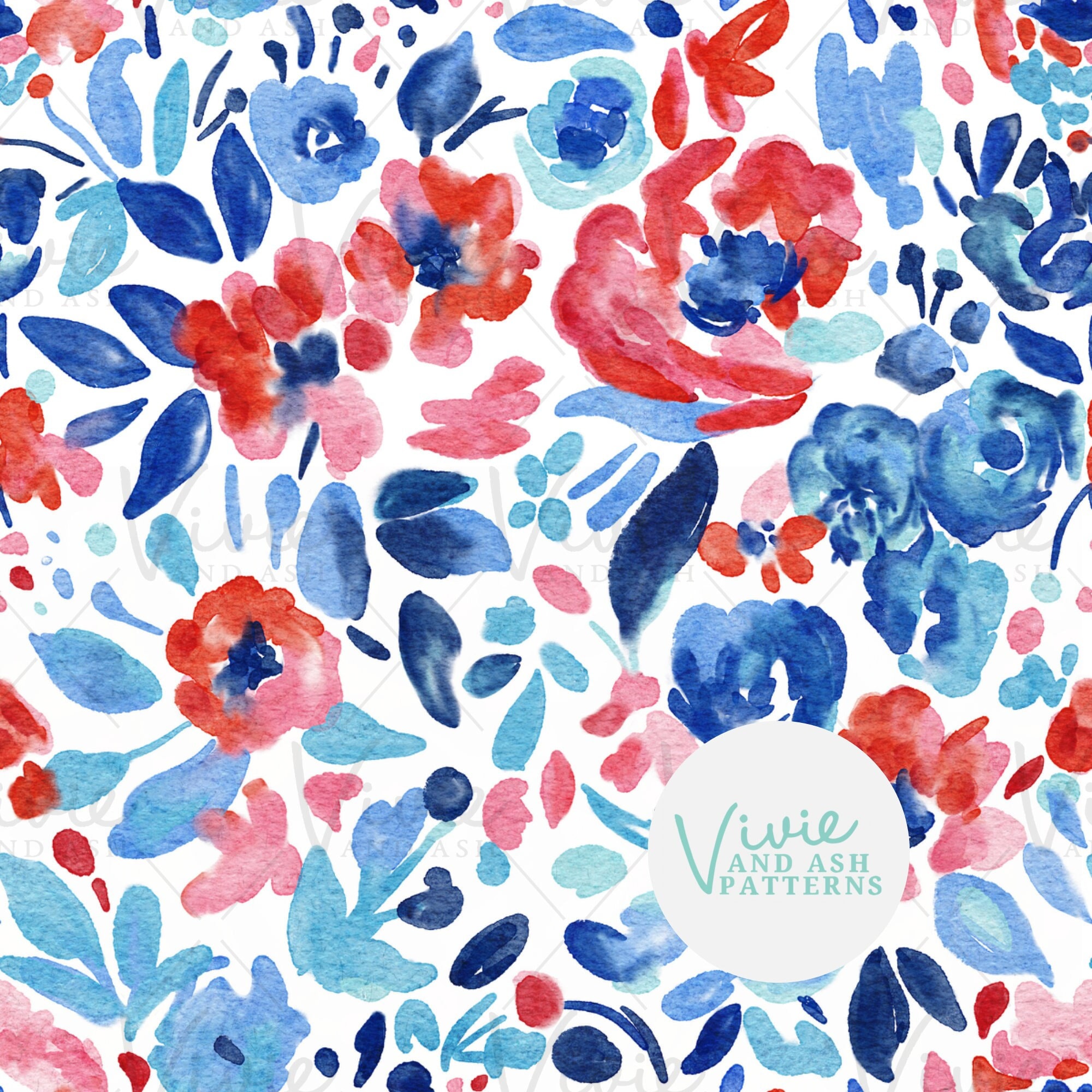 Red White and Blue Watercolor Floral Seamless Repeating Pattern, USA ...