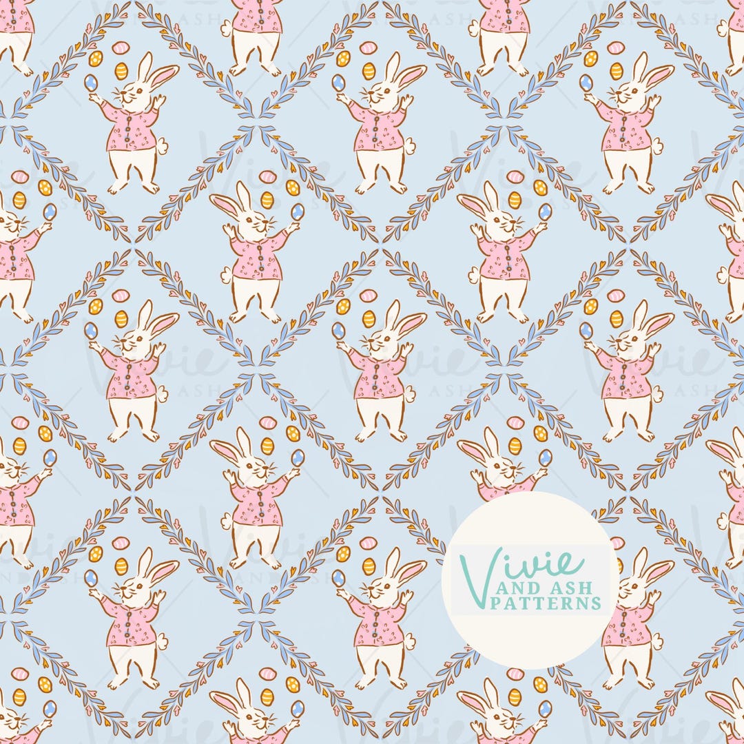 Blue and Pink Vintage Easter Bunnies, Easter Egg and Bunny Spring ...