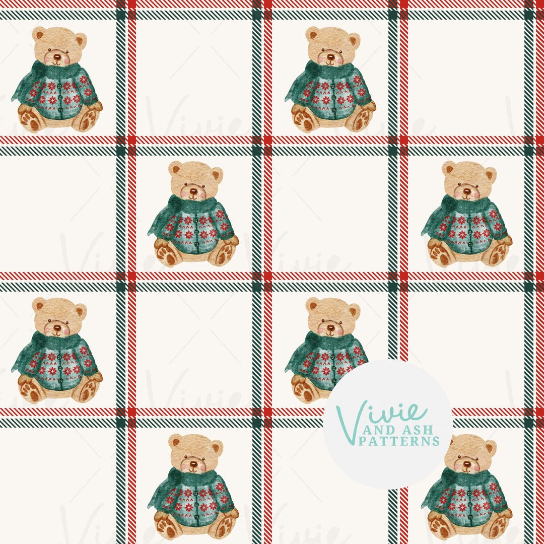 Green and Red Textured Plaid Christmas Teddy Bears Seamless Pattern ...