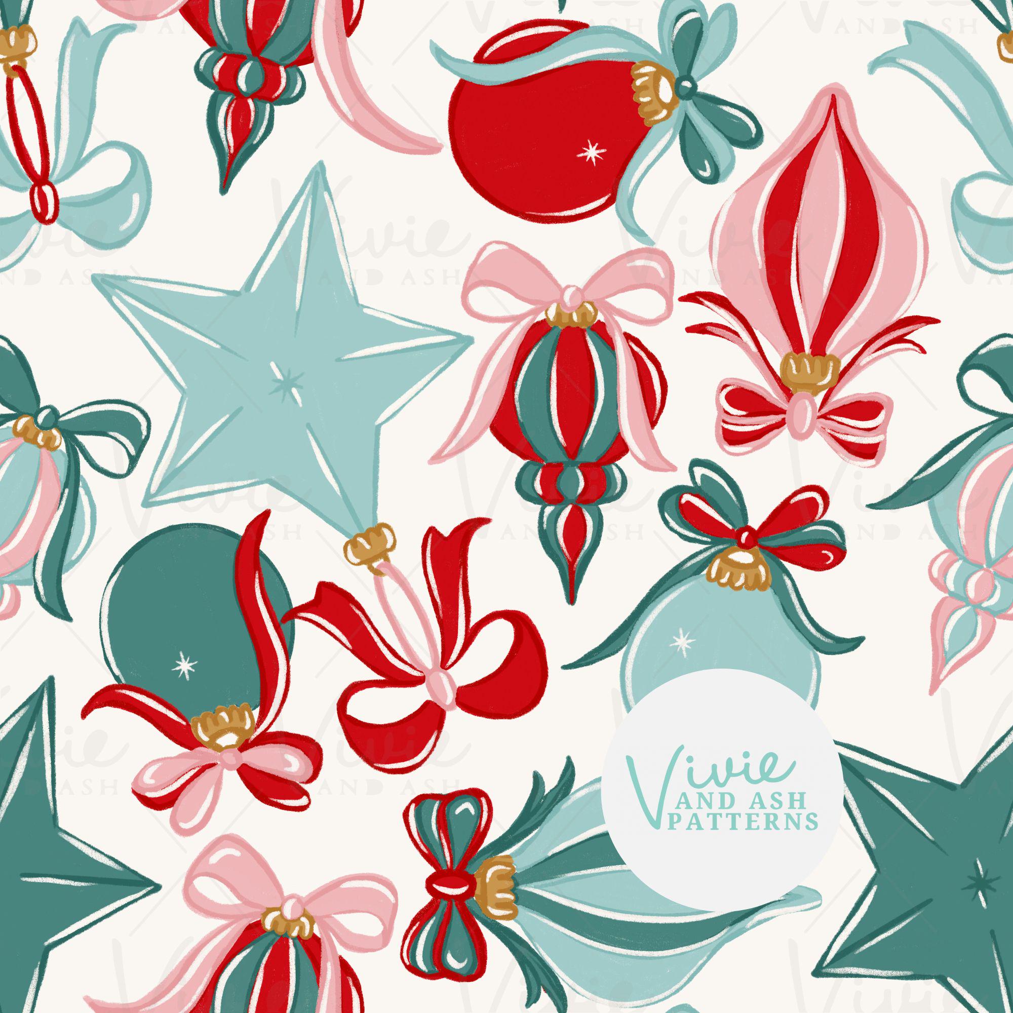 Christmas Ornaments and Bows Pattern, Festive Seamless Repeat by ...