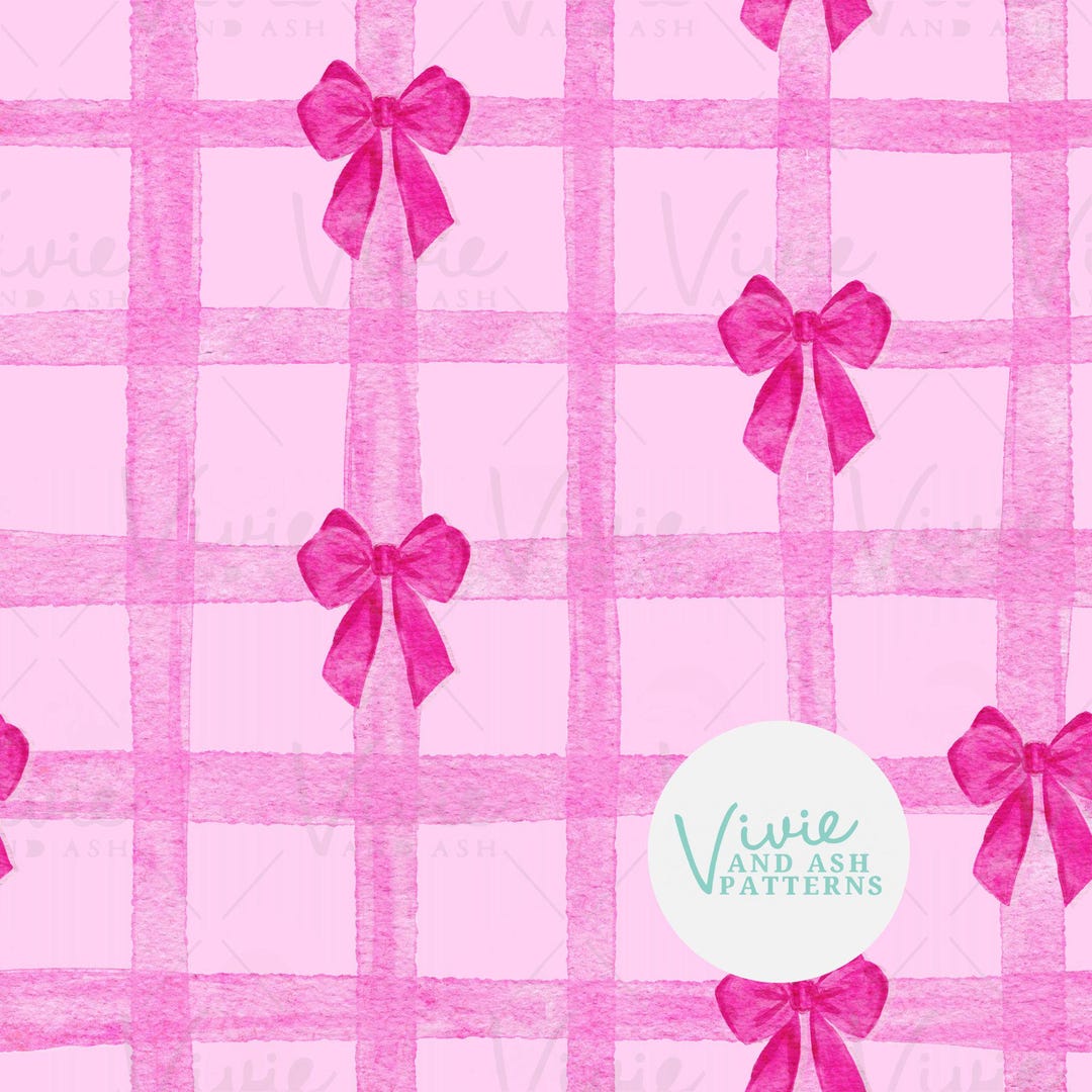 Pink Bow Watercolor Gingham Seamless Repeating Pattern, Valentine Bow ...