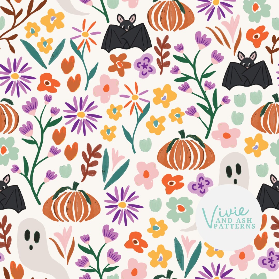Halloween Floral Seamless Pattern, Cute Ghost File, Bat Seamless Fall ...