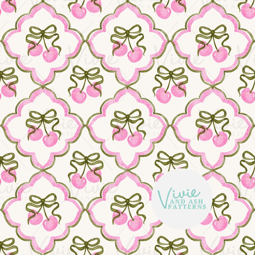 Pink Cherry Bows Tile Seamless Pattern File, Pink Fruit Seamless, Fruit ...