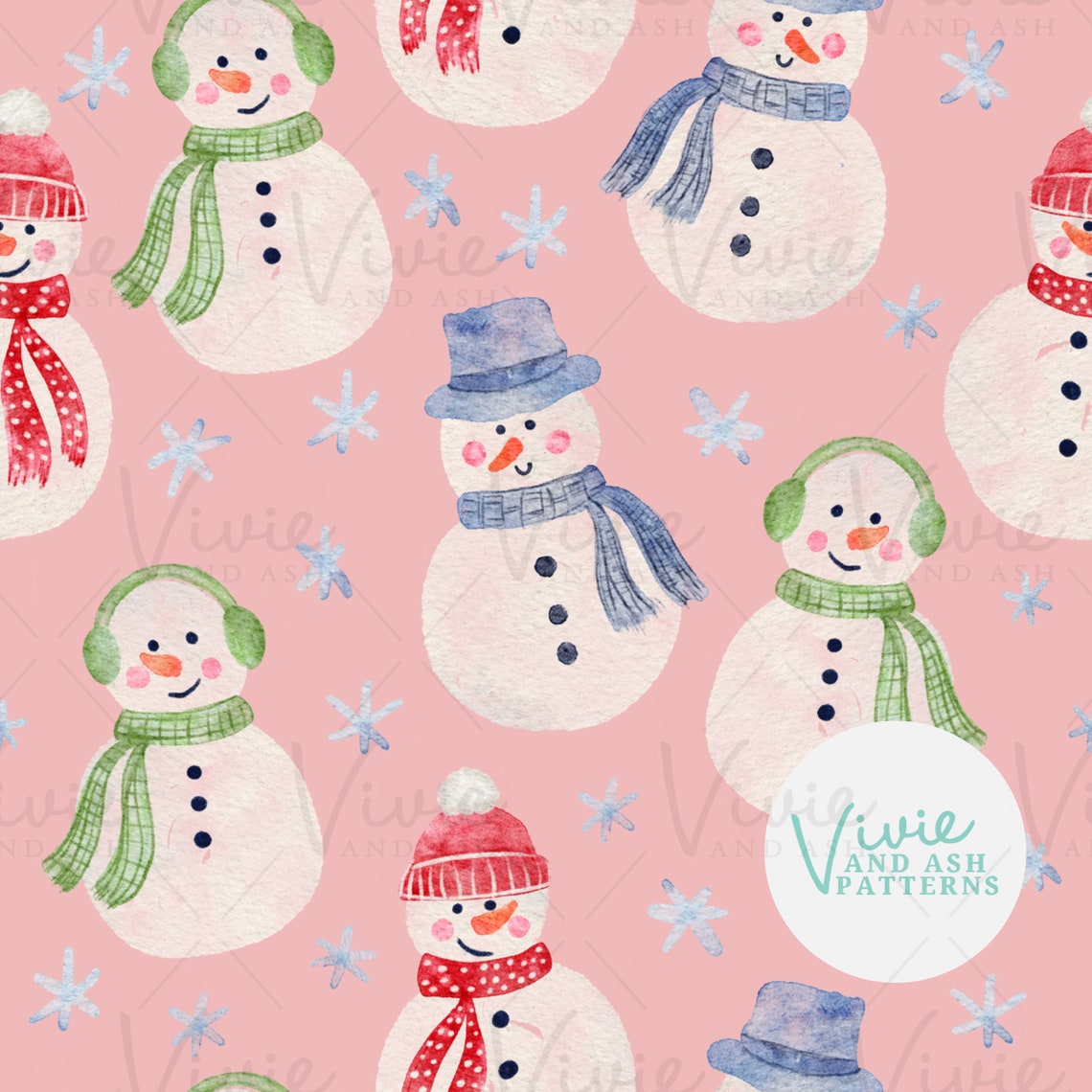 Pink Watercolor Snowmen Seamless Repeat, Cute Christmas Snowmen Pattern ...