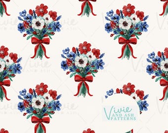 Fourth of July Red, White & Blue Floral Seamless Repeating Pattern - Etsy